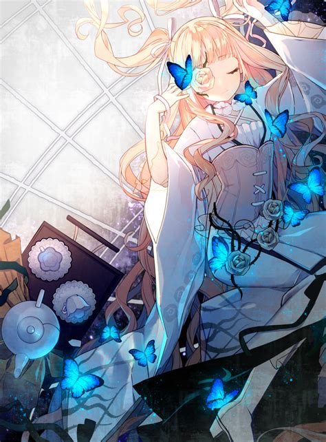 Safebooru 1girl Absurdres Blonde Hair Blue Butterfly Blue Flower Blue Rose Bug Butterfly