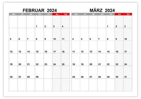 Kalender für Februar März 2024 kalender su