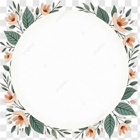 A White Circle With Green Leaves And Flowers Surrounding It Design