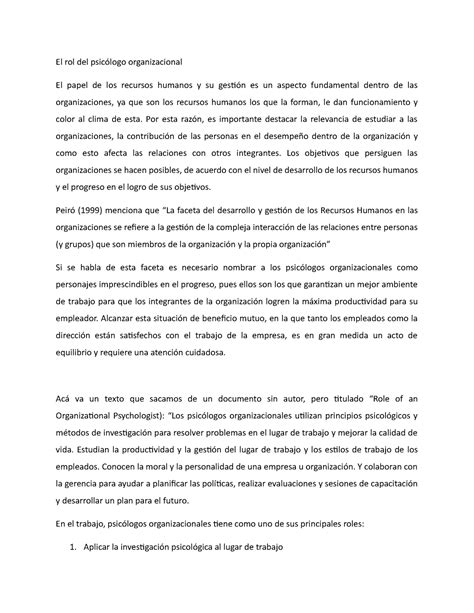 Rol del psicologo organizacional El rol del psicólogo organizacional