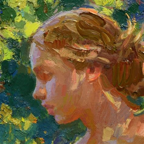 An Oil Painting Of A Woman S Head With Flowers In Her Hair And Green