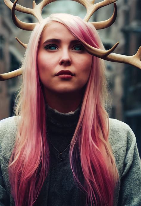 Young Female Blonde And Pink Hair Deer Antlers Midjourney Openart