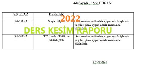 Ders Kesim Raporu Sosyal Bilgiler Sosyalciniz Zeki Do An