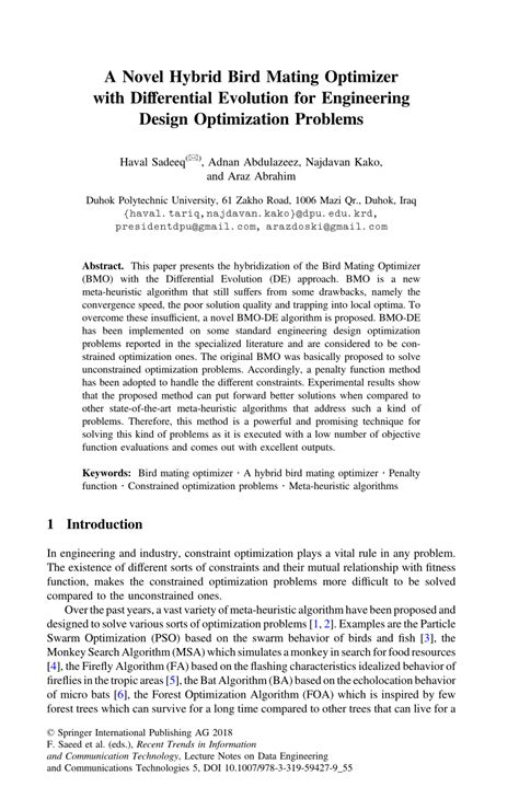 pdf a novel hybrid bird mating optimizer with differential evolution for engineering design
