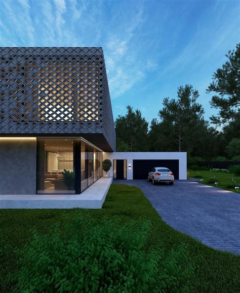 Visualización 3d de una casa moderna con una fachada única casa en