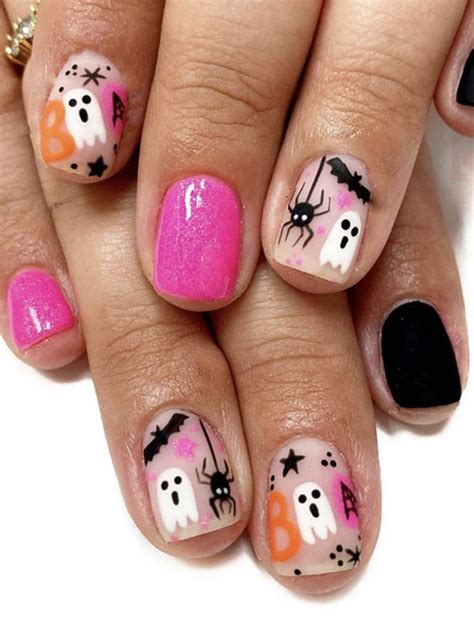Pcs Short Square Halloween Pink Ghost Design Press On Nails Wearable