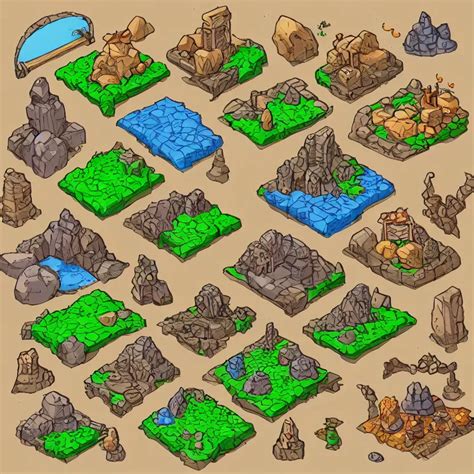 Set Of Isometric Game Tiles Containing A Boulder A Stable Diffusion