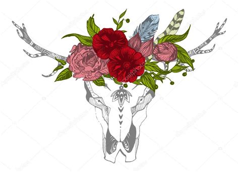 Vaca búfalo cráneo de toro en estilo tribal con flores Ilustración