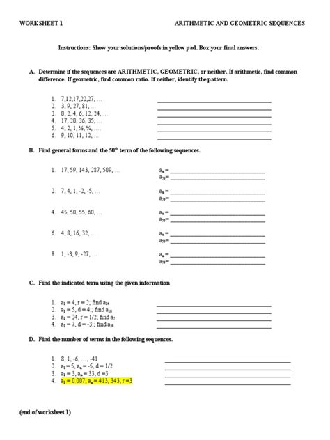 worksheet 1 arithmetic and geometric sequences pdf summation mathematical concepts