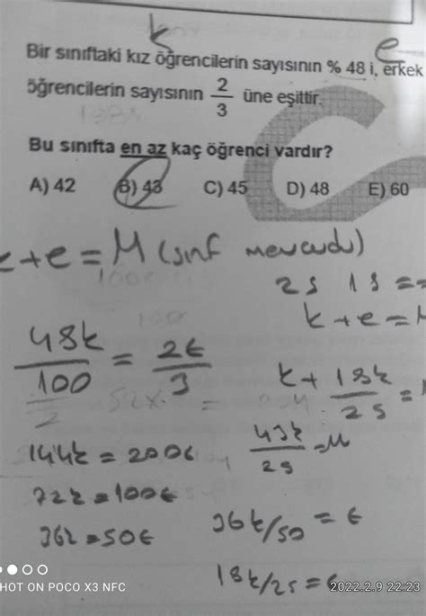 Bir Sınıftaki Kız öğrencilerin Sayısının 48 I Erkek öğrencilerin Sayısının 23üne Eşittir Bu
