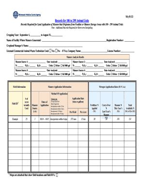 Fillable Online Pca State Mn Manure Application Record Form 100 299