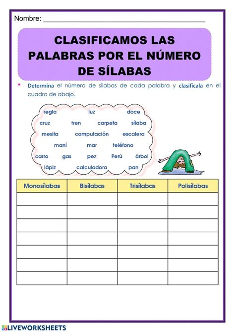 Palabras según el número de sílabas Ficha interactiva Clasificación