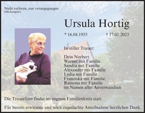 Ursula Hortig Traueranzeige Trauer InFranken De