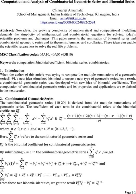computation and analysis of combinatorial geometric series and binomial series mathematics
