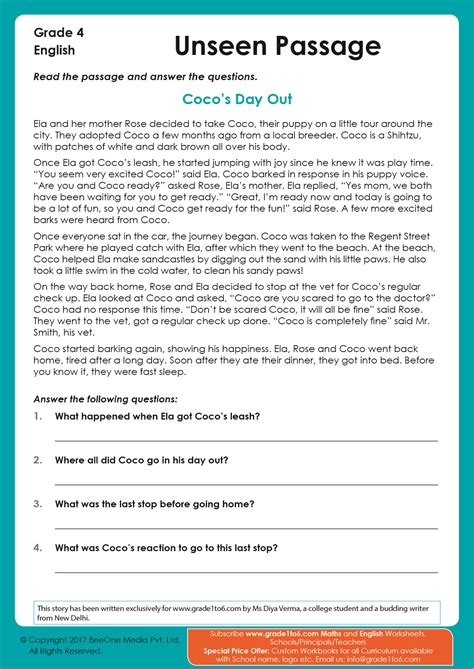 CBSE Class 4 Unseen Passage English Worksheets