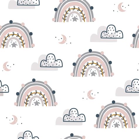 Arco íris e nuvens desenhados à mão no estilo boho padrão sem costura