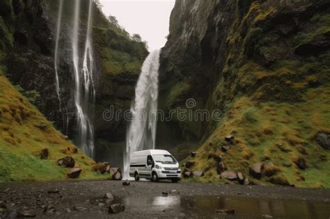 Road Trip Stop At Scenic Waterfall With Van In The Background Stock Image Image Of Touring