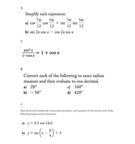solved 1 simplify each expression 7п st 771 571 a cos cos