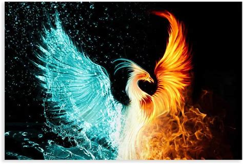 Antasy Phoenix Liten Vatten Is Och Eld Stigande Fenix Djur Anime Konst