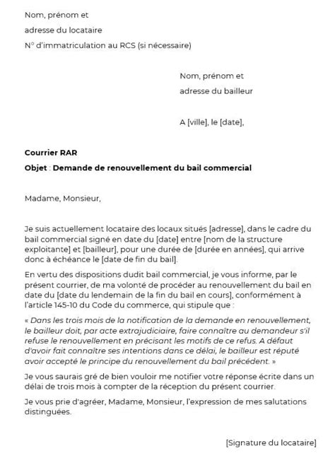 Modèle De Lettre De Renouvellement De Bail Par Le Locataire