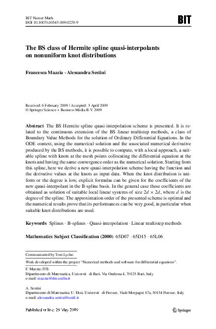 pdf the bs class of hermite spline quasi interpolants on nonuniform knot distributions