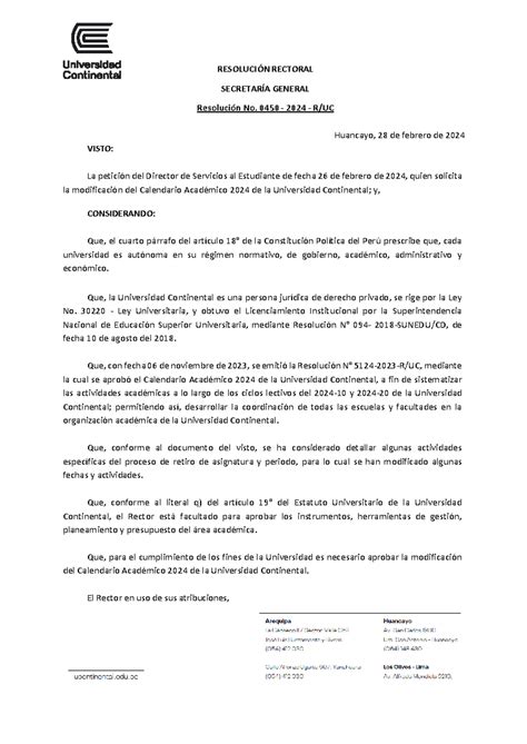 Calendario academico RESOLUCIÓN RECTORAL SECRETARÍA GENERAL