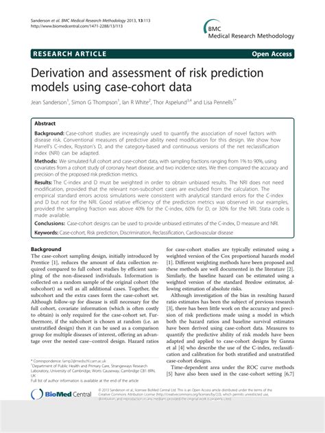 pdf derivation and assessment of risk prediction models using case cohort data