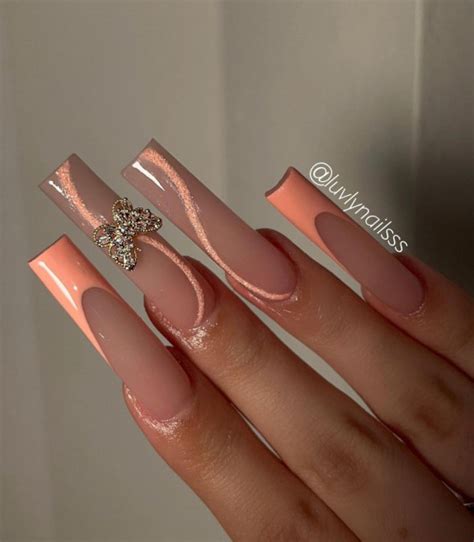 30 Cute Peach Nail Ideas Peach Butterfly Acrylic Nails