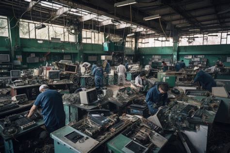 E Waste Recycling Facility With Workers Sorting And Dismantling