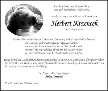 Traueranzeigen Von Herbert Krzencek Trauer Nordkurier