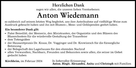 Traueranzeigen Von Anton Wiedemann Augsburger Allgemeine Zeitung