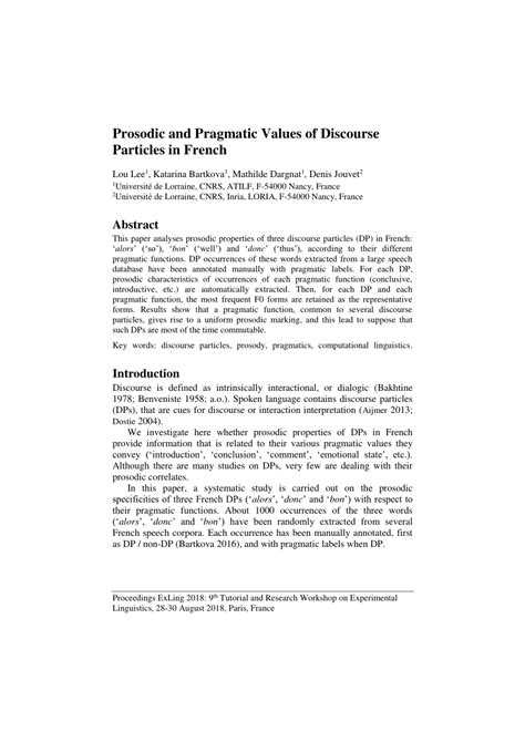 pdf prosodic and pragmatic values of discourse particles in french
