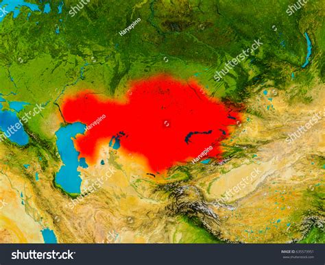 Kazakhstan Highlighted Red On Physical Map ภาพประกอบสตอก 635573951