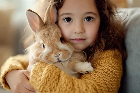Une Jolie Petite Fille Tient Et Embrasse Un Lapin Moelleux Dans Ses