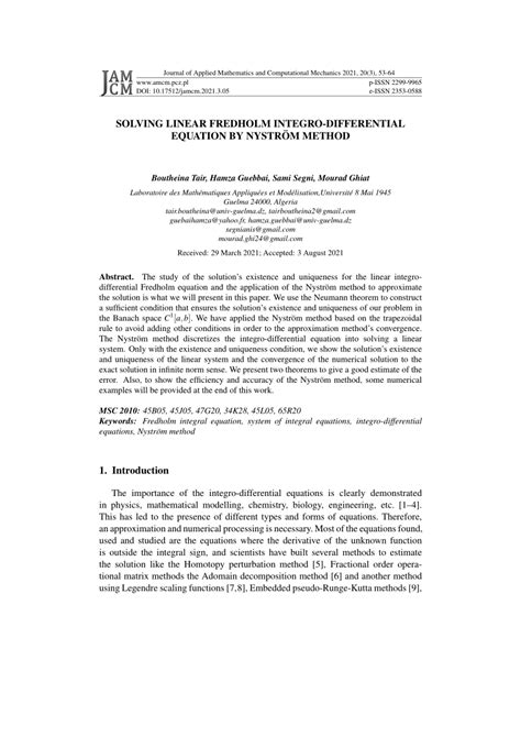 pdf solving linear fredholm integro differential equation by nyström method