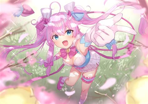 Aqua Eyes Bow Breasts Cherry Blossoms Cleavage Dress Elbow Gloves Fang