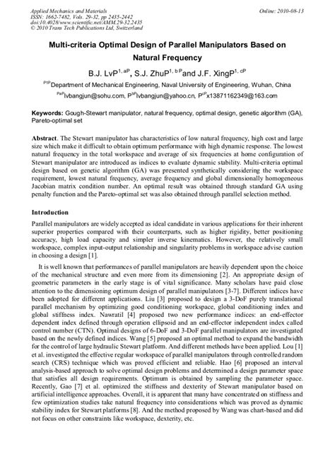 multi criteria optimal design of parallel manipulators based on natural frequency scientific