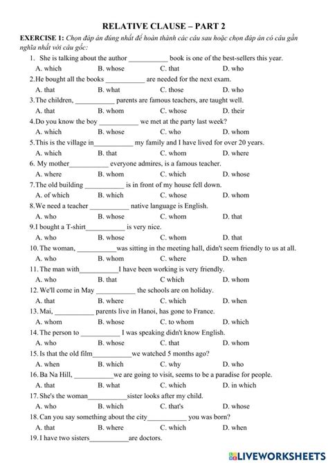 Relative Clause Part 2 Worksheet