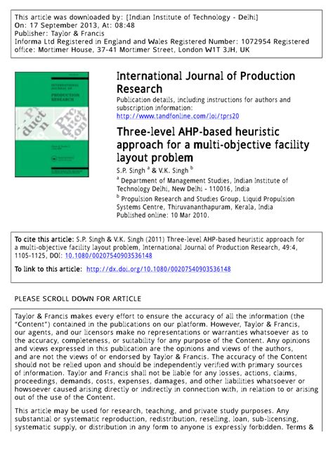 pdf three level ahp based heuristic approach for a multi objective facility layout problem