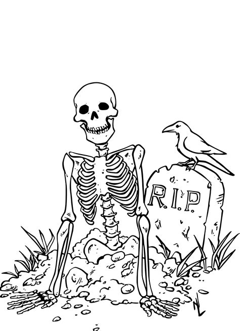 Coloriage squelette dans un cimetière à imprimer