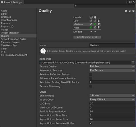 unity project settings quality arm developer
