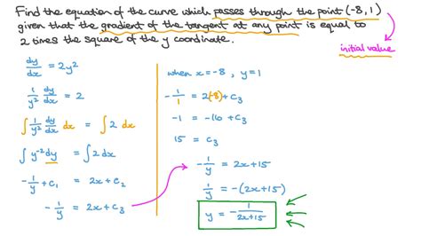 question video finding the equation of a curve given its tangent in terms of 푥 and 푦 by solving