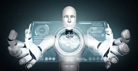 AI Humanoid Robot Holding Virtual Hologram Screen Showing Concept Of AI