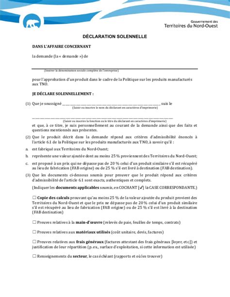 Northwest Territories Canada Declaration Solennelle French Fill Out
