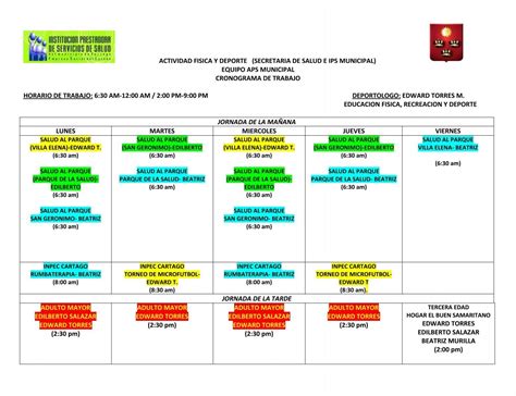 Cronograma De Trabajo Actividad Física Y Deportes Ips Municipal