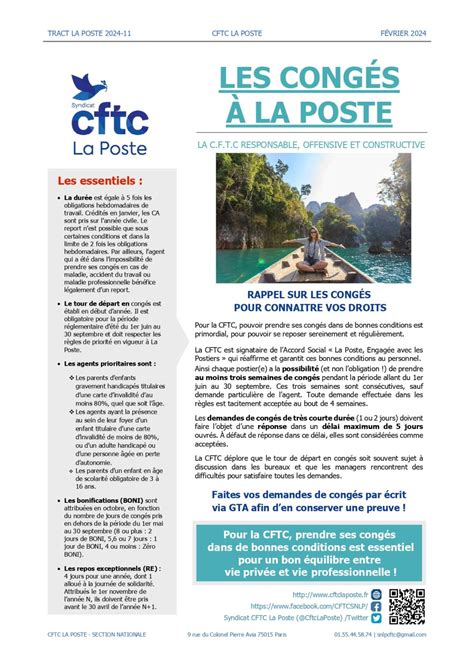RAPPEL SUR LES CONGÉS A LA POSTE POUR CONNAITRE VOS DROITS CFTC LA POSTE