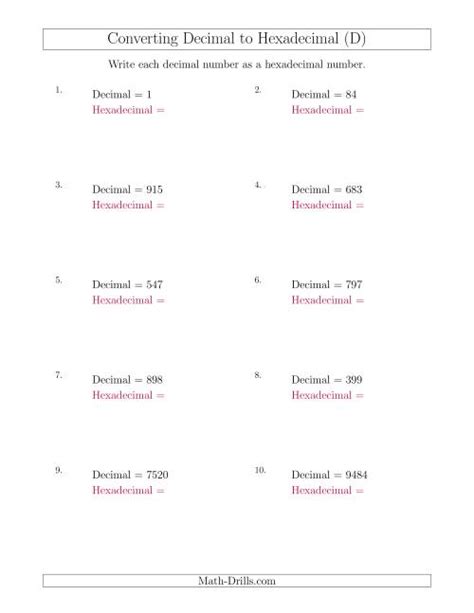 converting decimal numbers to hexadecimal numbers d
