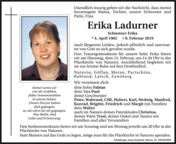 Traueranzeigen Von Erika Ladurner Trauer Bz