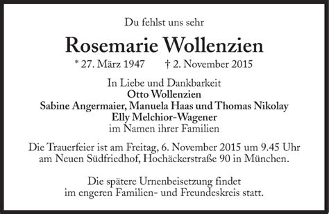 Traueranzeigen Von Rosemarie Wollenzien SZ Gedenken De