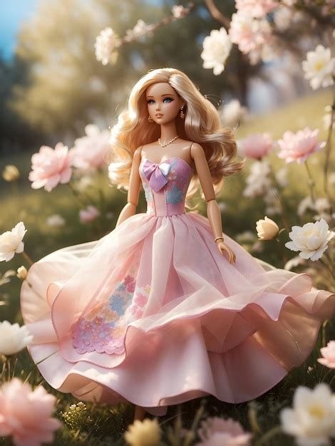 Uma boneca barbie em um vestido romântico em tons pastéis decote em